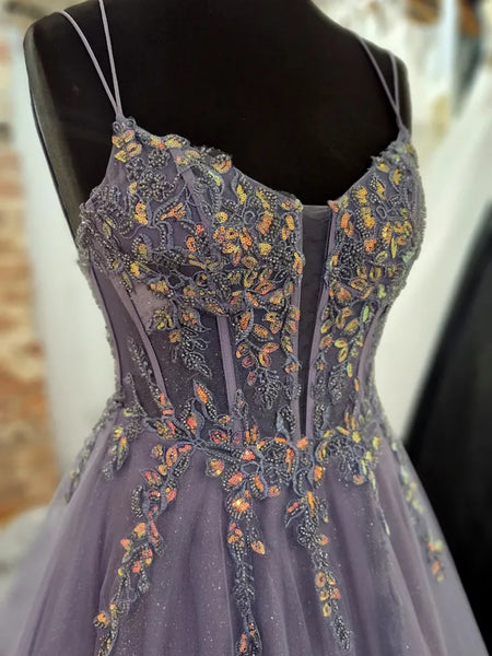 A Line V Neck Backless Purple Lace Long Prom Dresses, Purple Tulle For ...