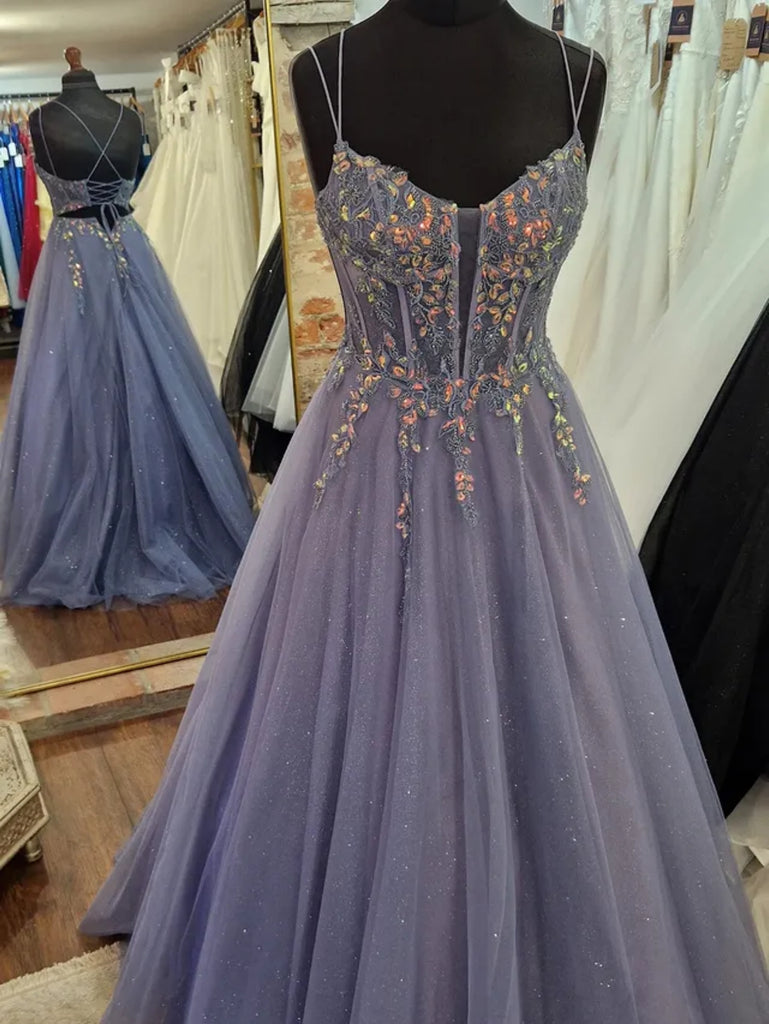 A Line V Neck Backless Purple Lace Long Prom Dresses, Purple Tulle For ...