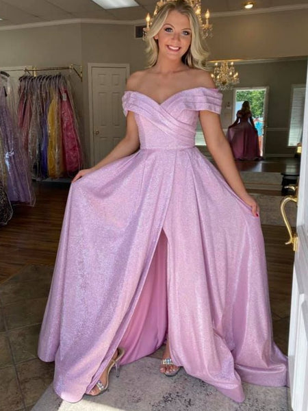 Off Shoulder Pink Long Prom Dresses with High Slit, Long Pink Formal G ...