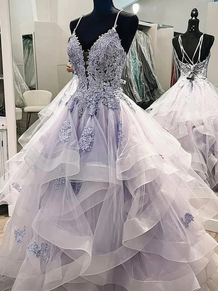 Open Back V Neck Fluffy Lilac Lace Long Prom Dresses, Lilac Lace Forma ...