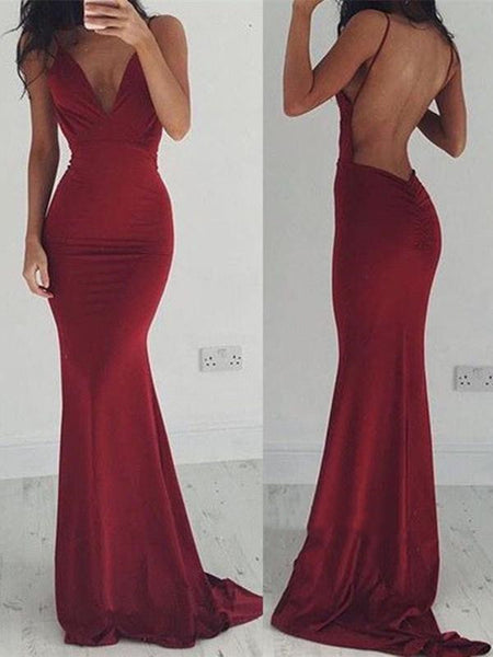 Elegant Burgundy Mermaid Open Back Prom Dresses, Maroon Backless Forma ...