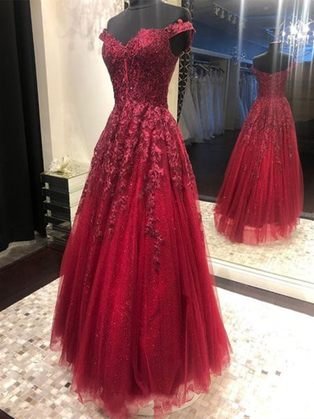 Off Shoulder Burgundy Lace Long Prom Dresses, Off the Shoulder Burgund ...