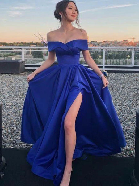 Off the Shoulder Blue Satin Long Prom Dresses with High Slit, Off Shou ...