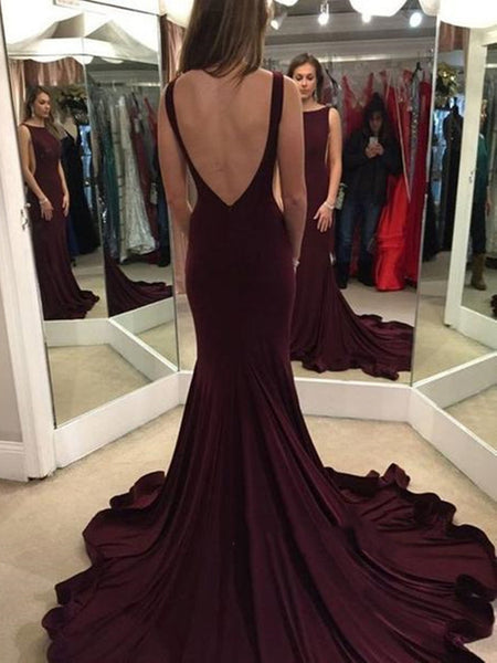Round Neck Mermaid Backless Maroon Prom Dress, Mermaid Prom Gown, Maro ...