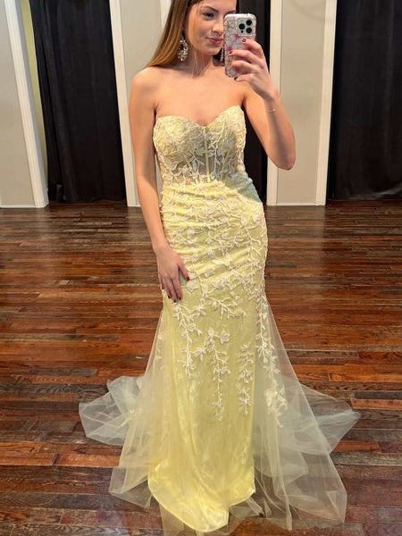 Strapless Mermaid Yellow Lace Prom Dresses Long, Mermaid Yellow Formal ...