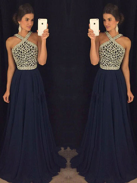 Unique Beaded Dark Blue Prom Dresses, Dark Blue Formal Dresses, Prom G ...