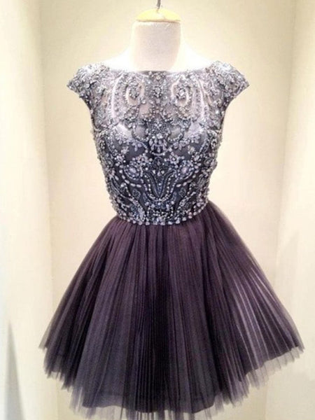 Short Grey Beaded Tull Prom Dresses, Short Grey Homecoming /Graduation ...